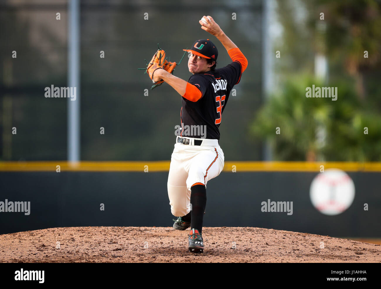 Coral Gables, Florida, USA. 19th Apr, 2017. Miami pitcher Evan McKendry ...