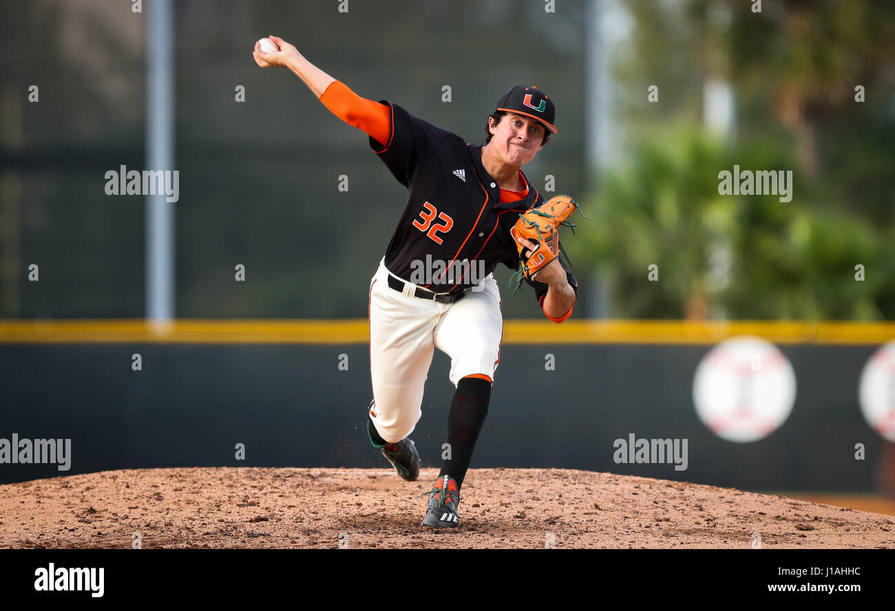 Coral Gables, Florida, USA. 19th Apr, 2017. Miami pitcher Evan McKendry ...