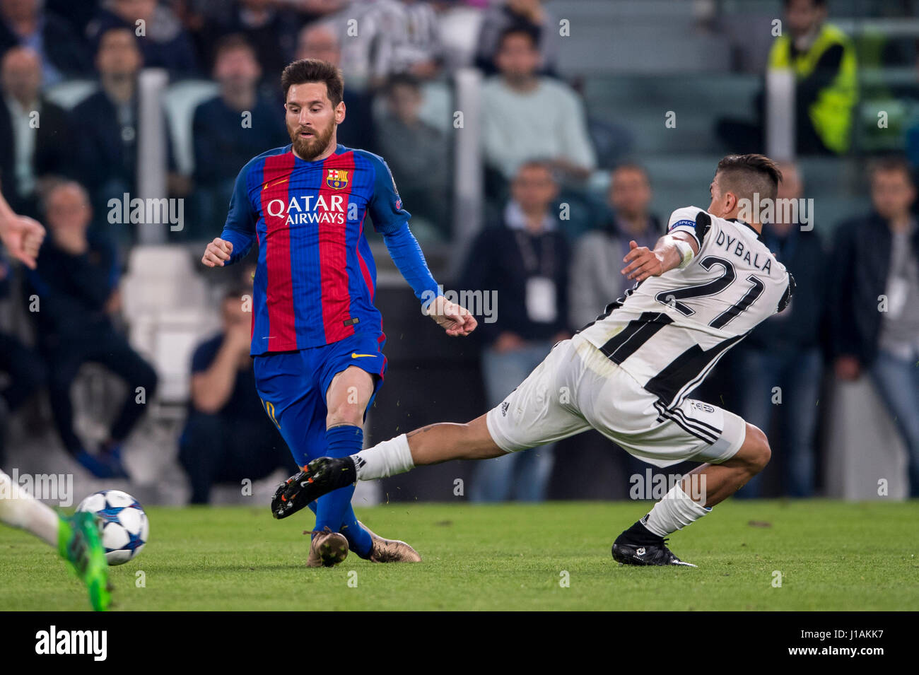 Turin, Italy. 11th Apr, 2017. Lionel Messi (Barcelona), Paulo Dybala ...