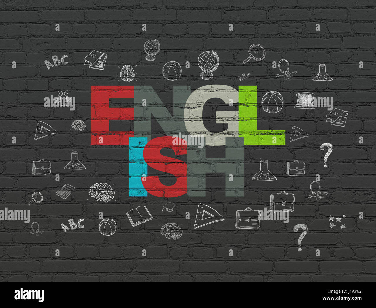 Studying concept: English on wall background Stock Photo - Alamy