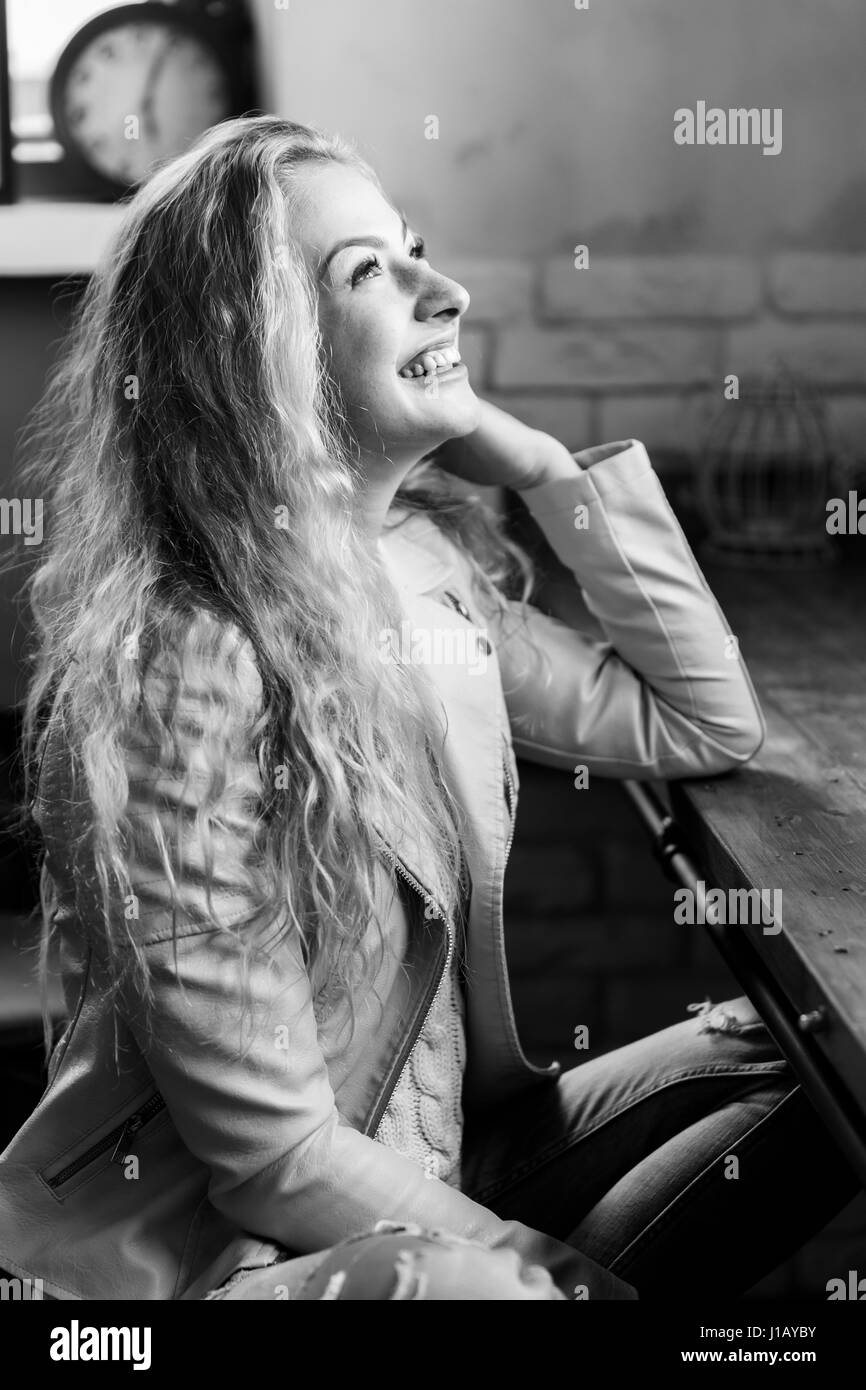 Cheerful girl cup in Black and White Stock Photos & Images - Alamy