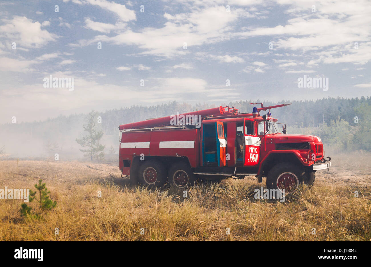 Forest fire due to dry weather in summer, Donbass , Ukraine. A typical ...