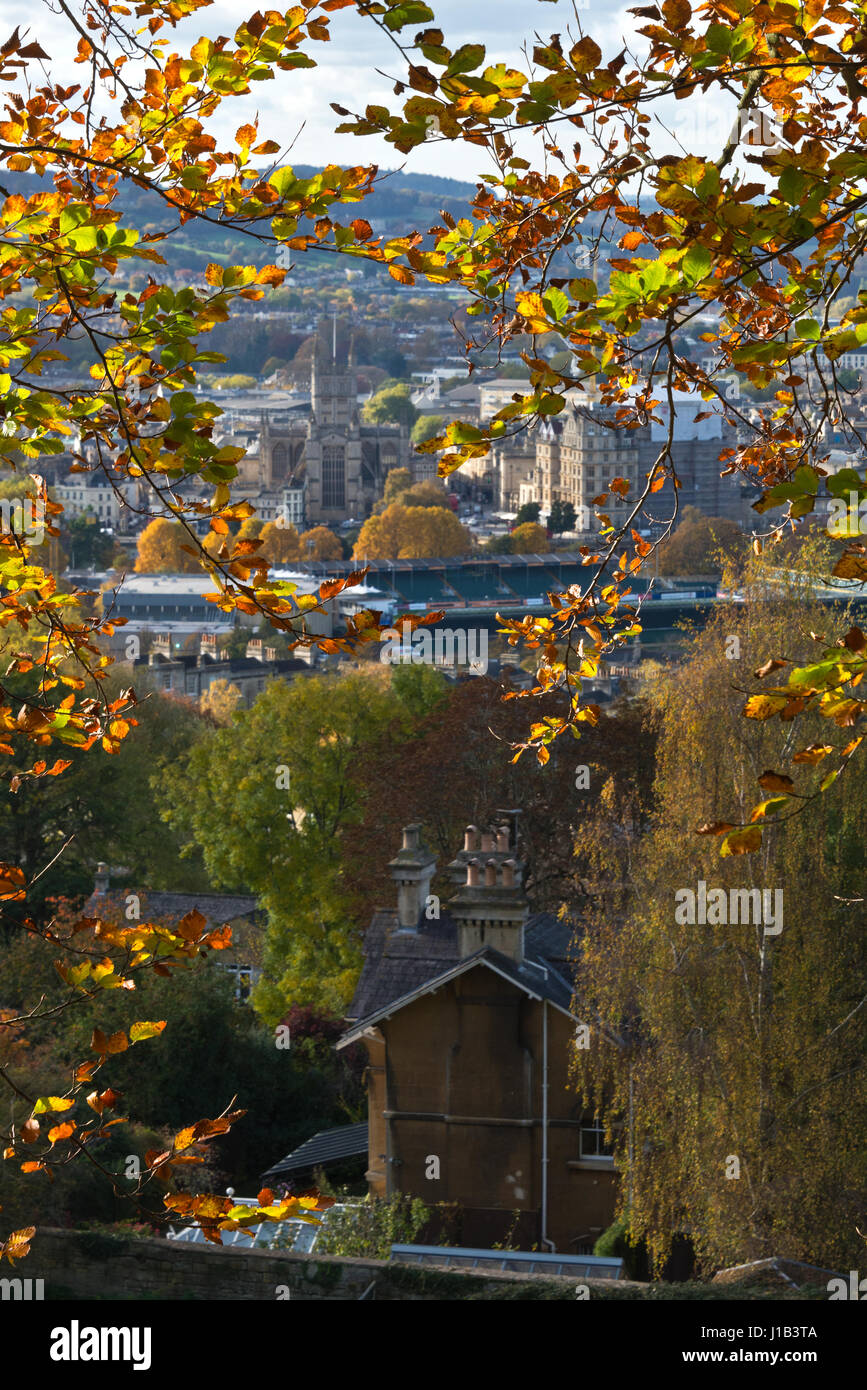 a colourful autumnal view across the city of Bath, Somerset, England ...