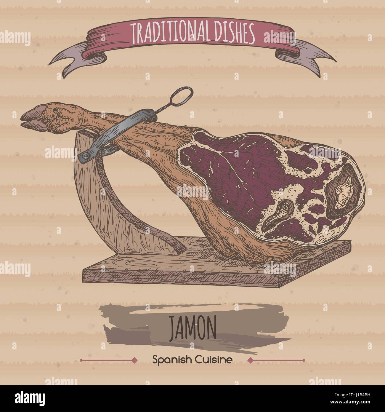 Color vintage jamon sketch on cardboard background. Traditional dishes ...