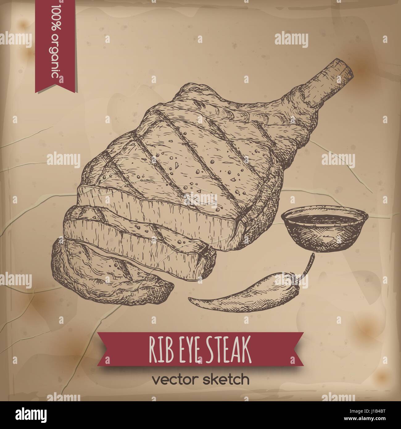 Vintage grilled rib eye steak template placed on old paper background ...