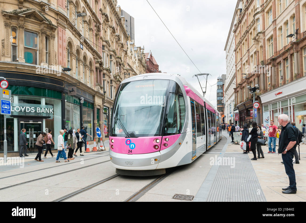 Electric trams on Corporation Street in Birmingham City Centre Stock ...