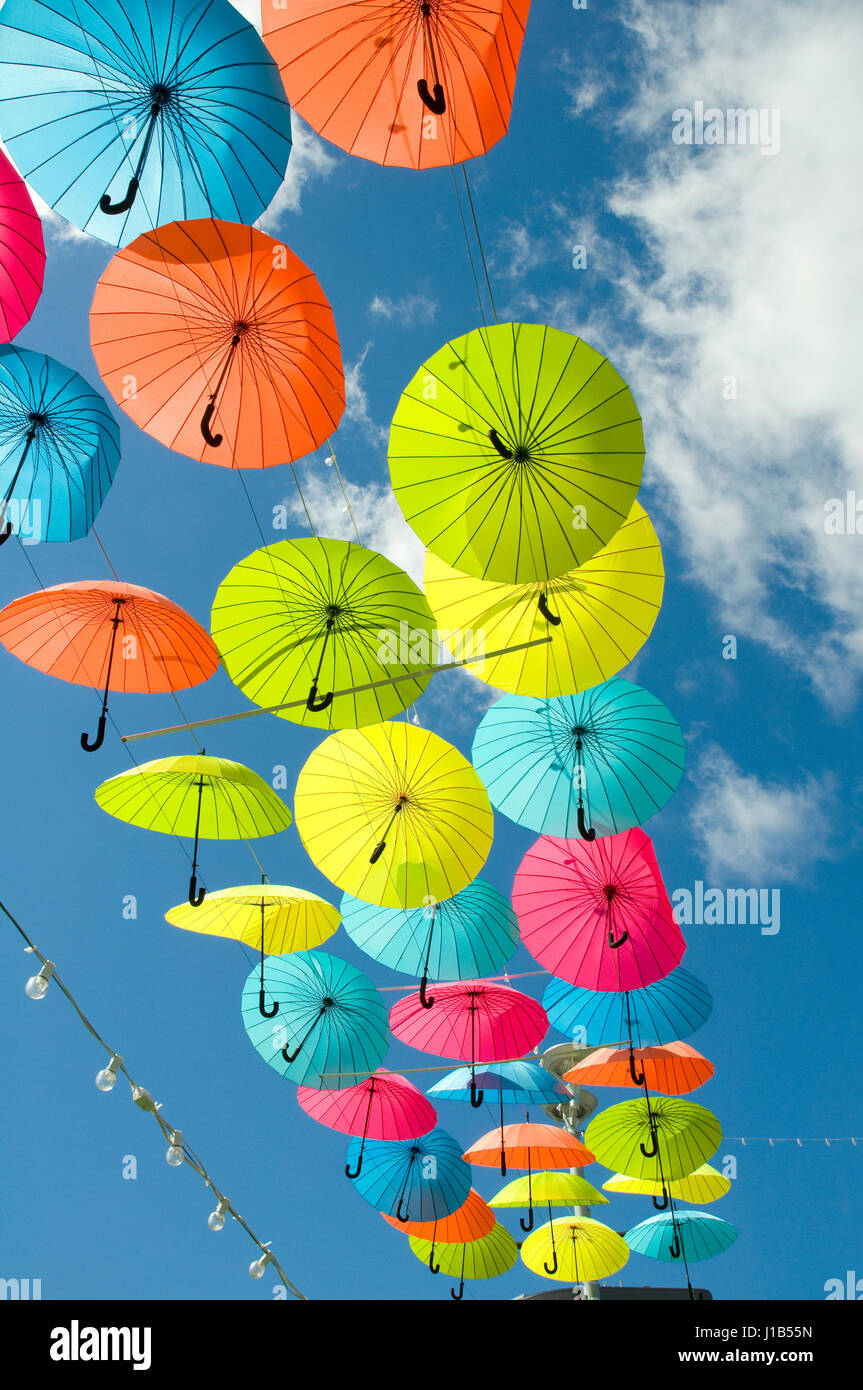 Rows of colourful umbrellas suspended over court yard in Toronto ...