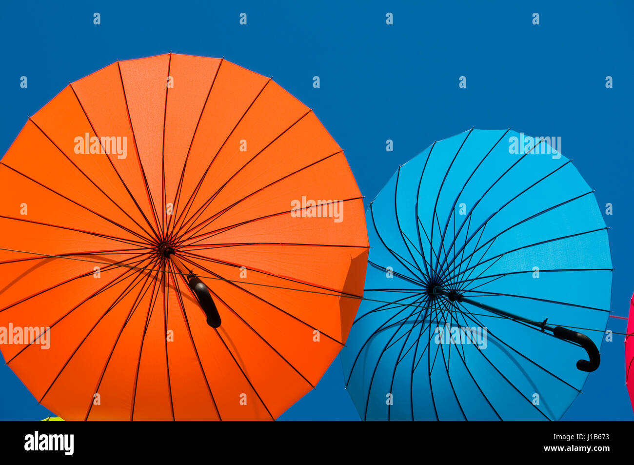 Rows of colourful umbrellas suspended over court yard in Toronto ...