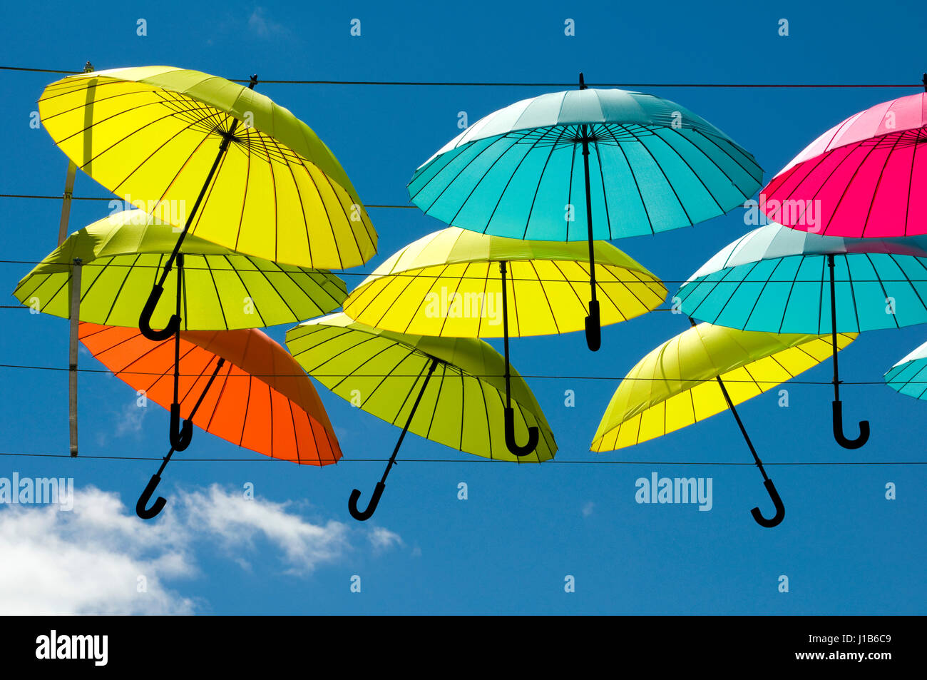 Rows of colourful umbrellas suspended over court yard in Toronto ...