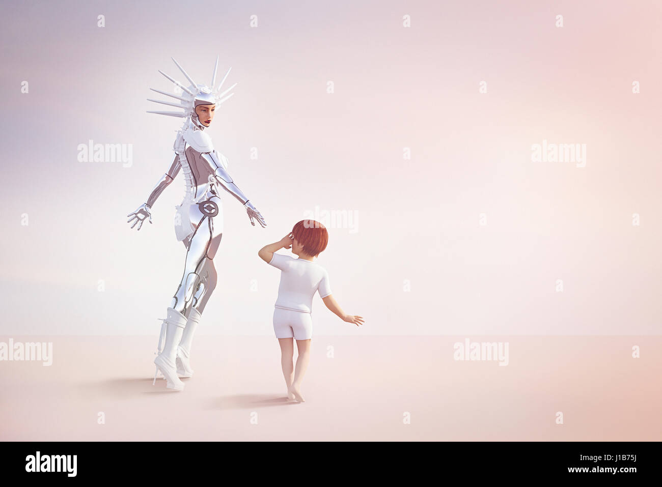 Female cyborg reaching for hand of boy Stock Photo - Alamy
