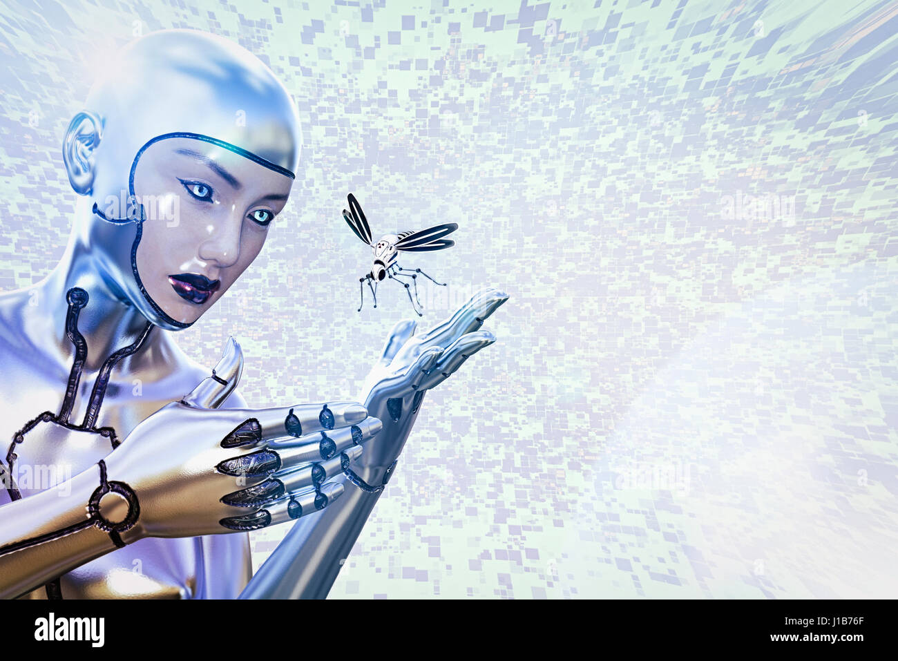 Female cyborg watching flying robot insect Stock Photo - Alamy