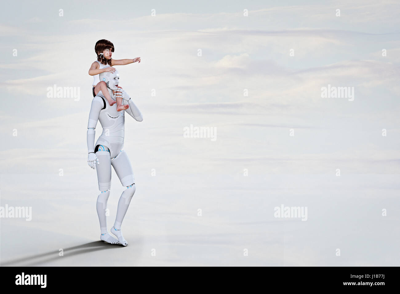 White female cyborg carrying girl on shoulders Stock Photo - Alamy