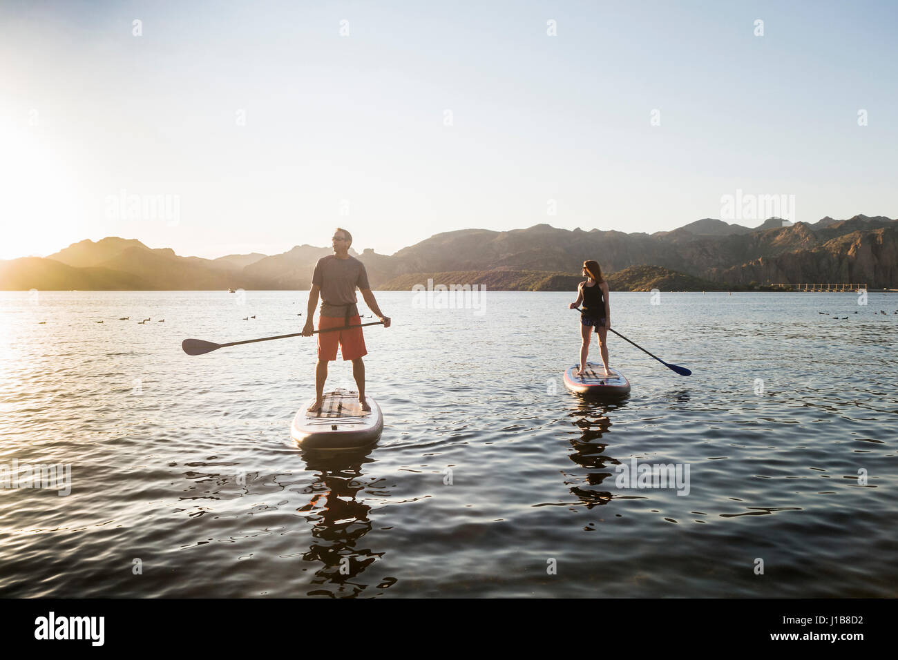 Couple standing on paddleboards in rover Stock Photo - Alamy