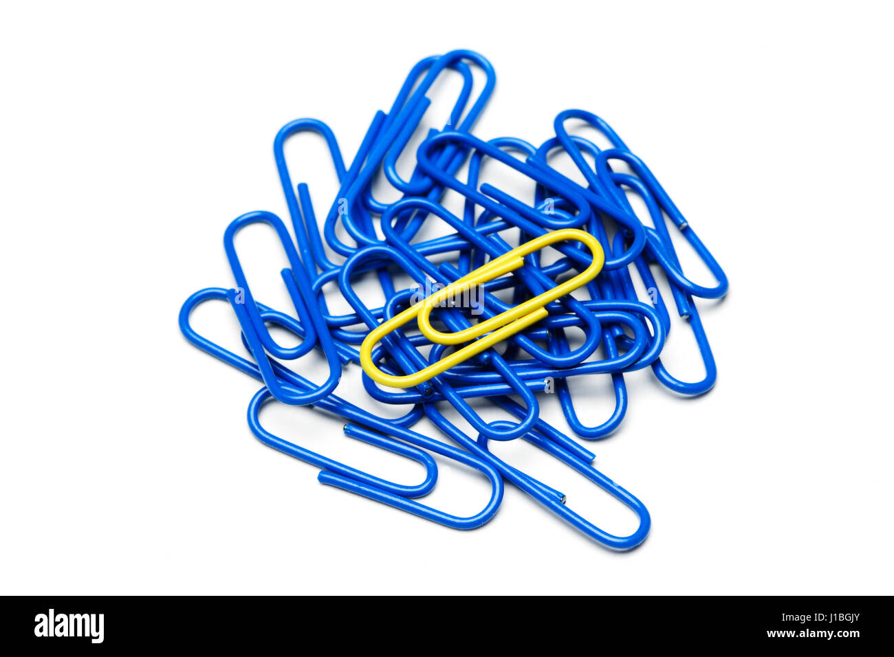 A single yellow paper clip on top of bunch of blue paper clips Stock ...