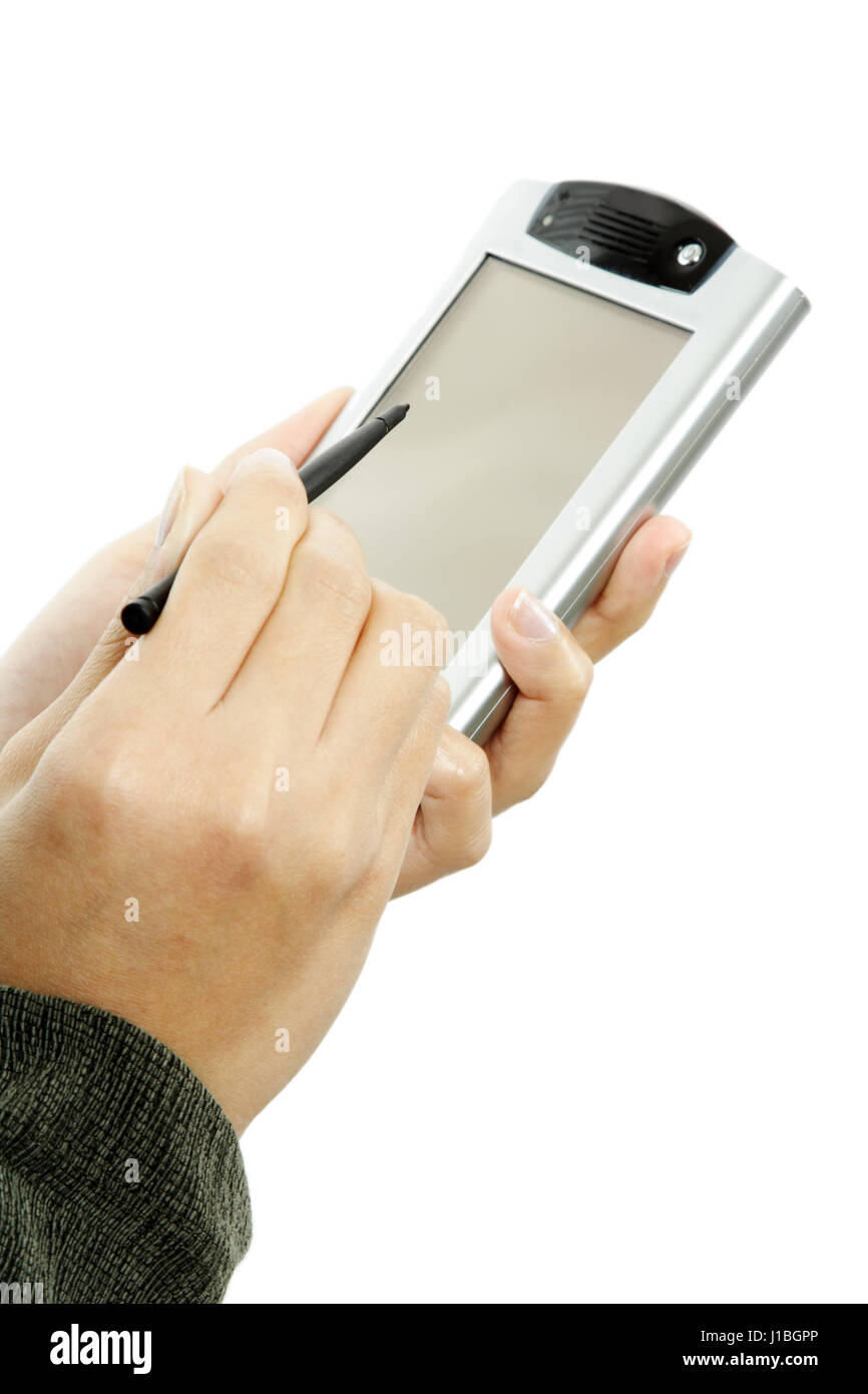 A businesswoman holding a PDA and a stylus Stock Photo - Alamy