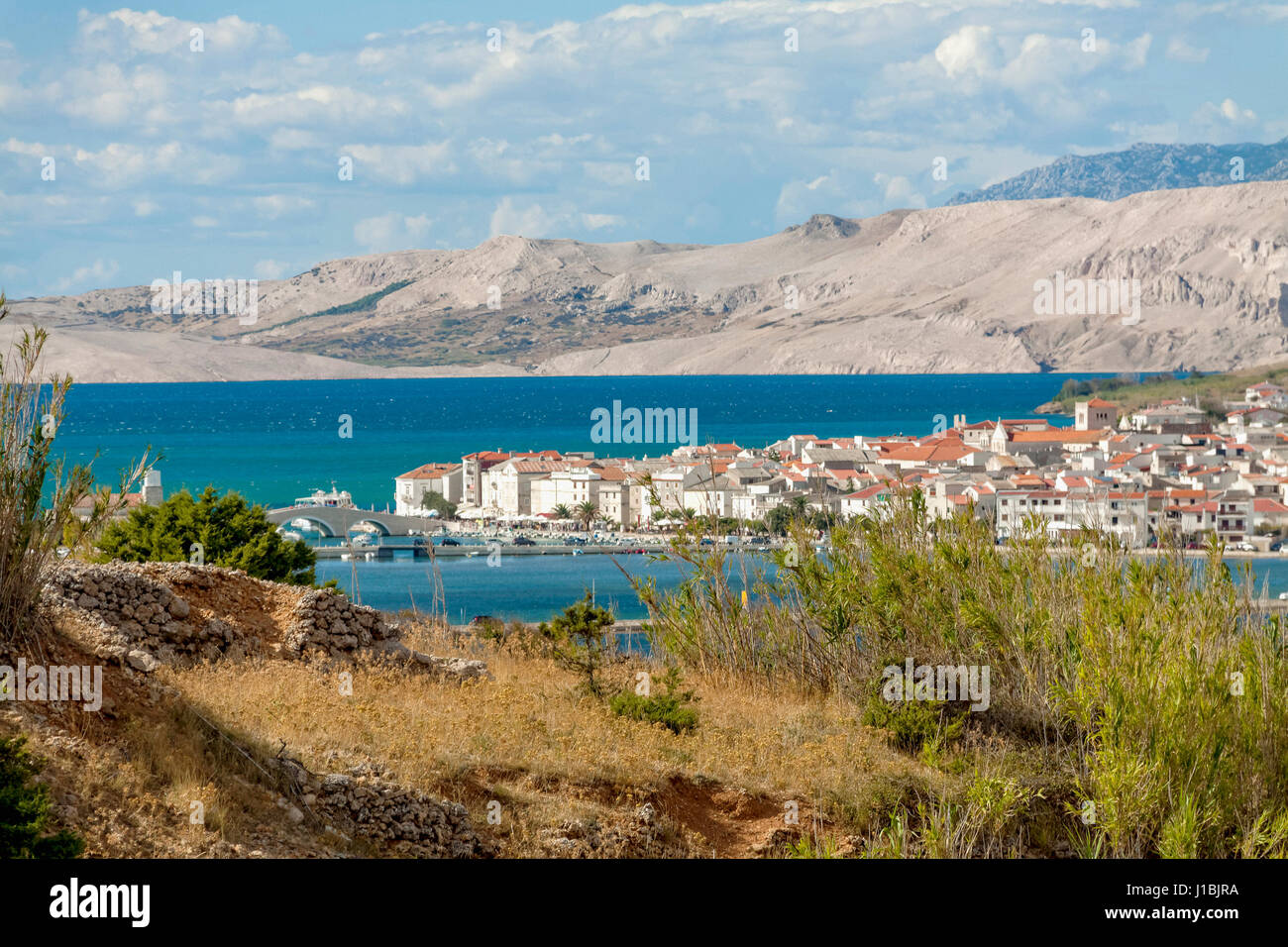 Contemporary Pag town seen from old Pag town (Stari grad), Pag island ...