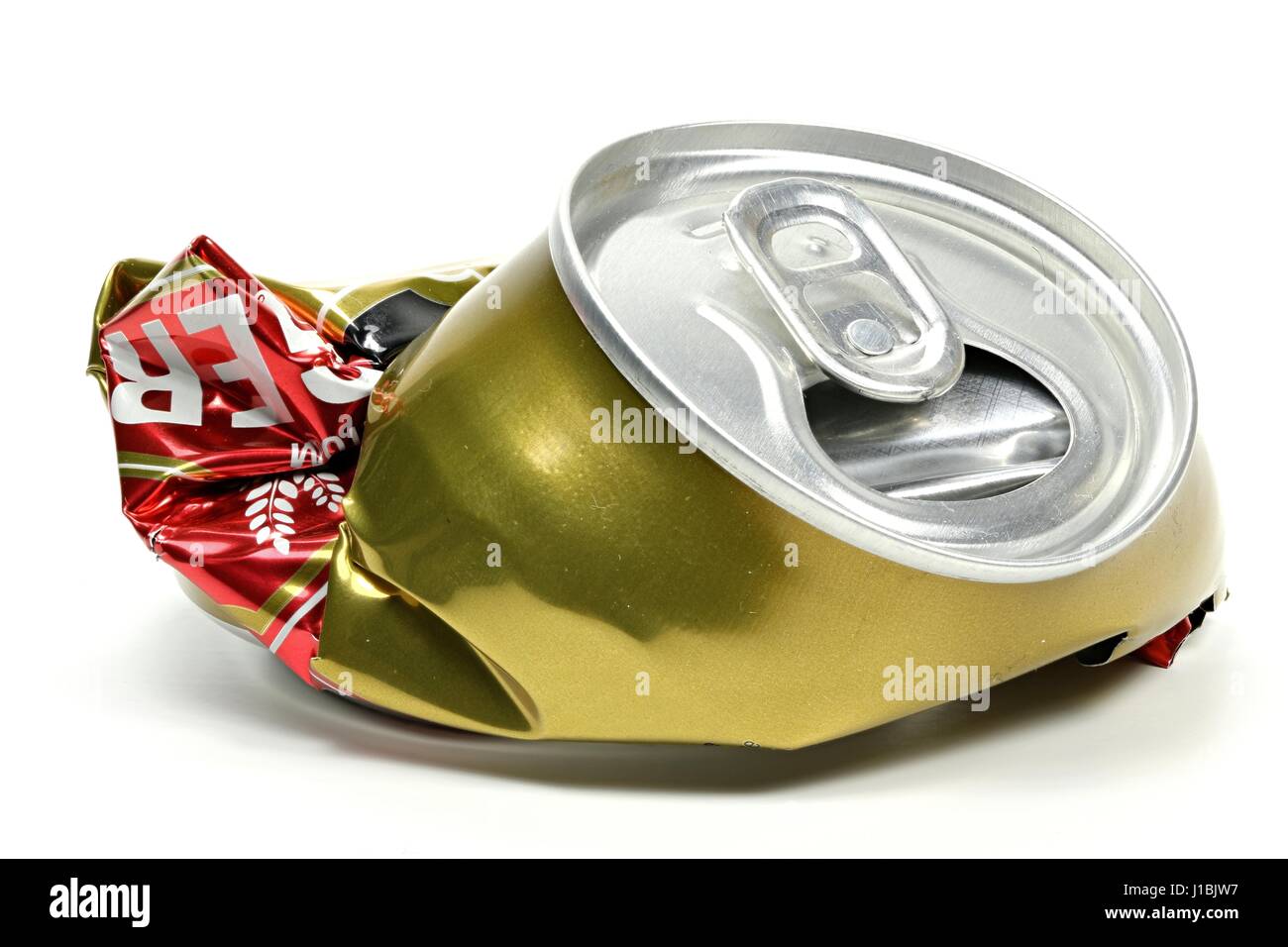 crushed beverage can isolated on white background Stock Photo - Alamy