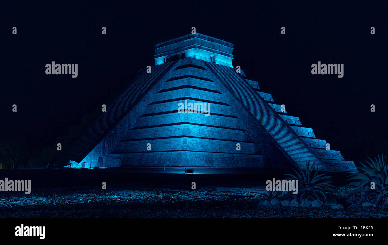 Pyramid of Chichen Itza at night with blue light in Mexico Stock Photo ...
