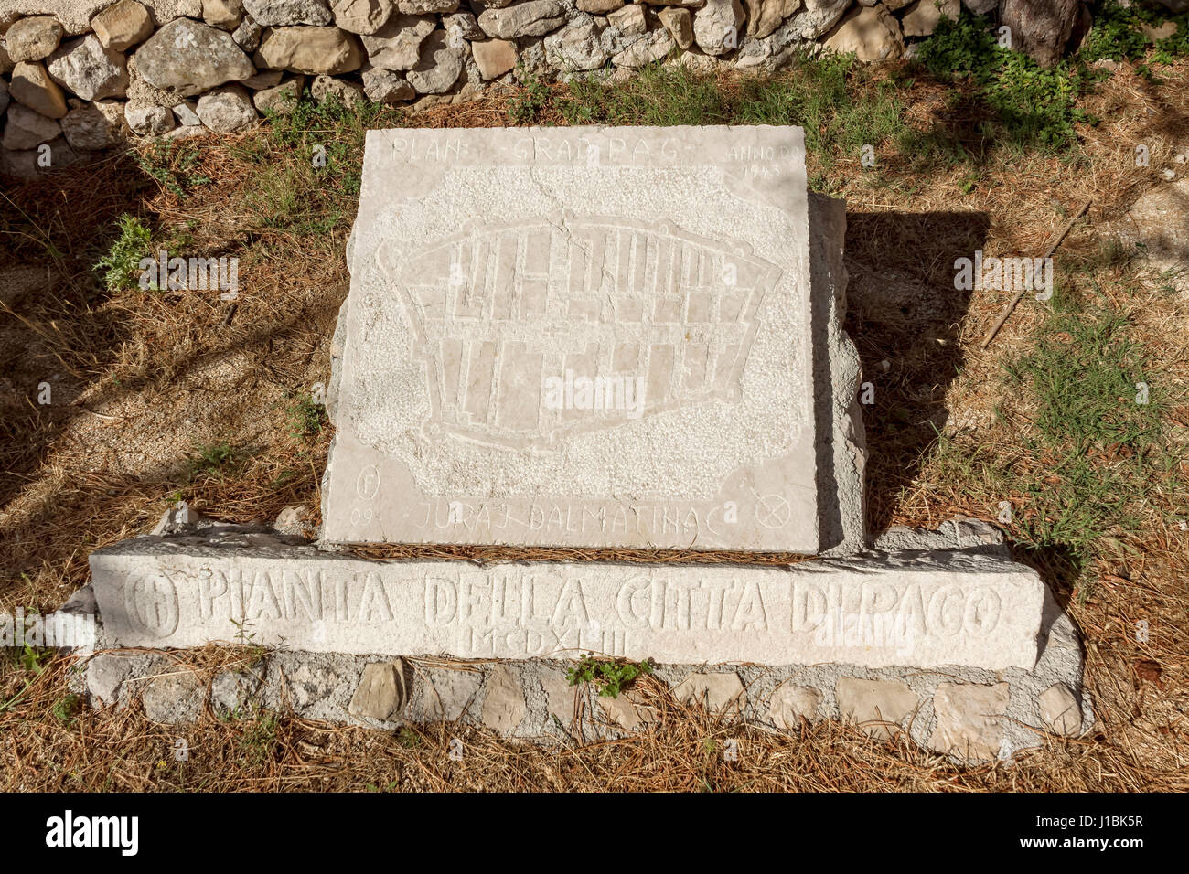 Map of old Pag town (Stari grad) carved in stone, Pag island, Croatia ...