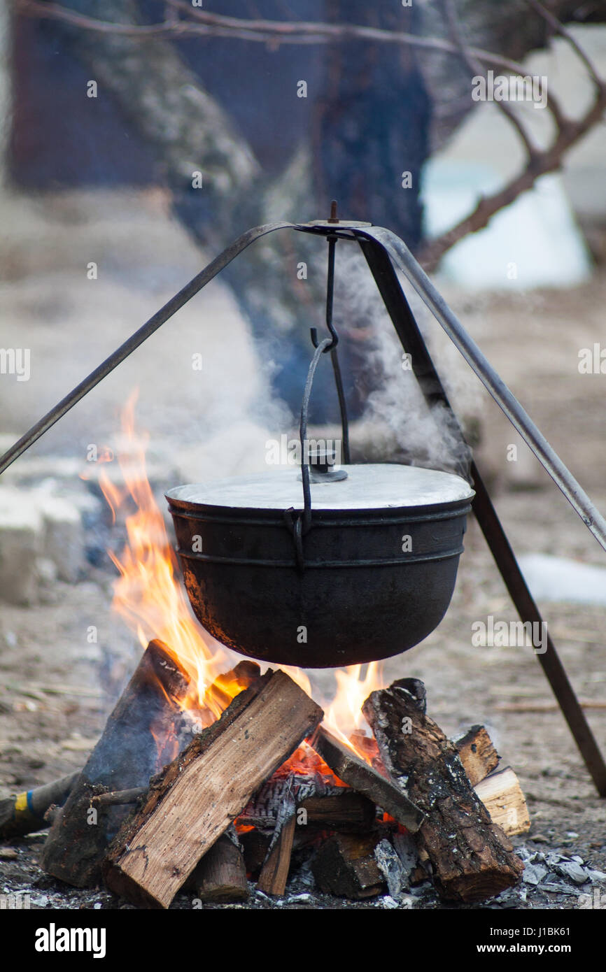 metal pot with a meal basking blured on burning firewood in the forest ...
