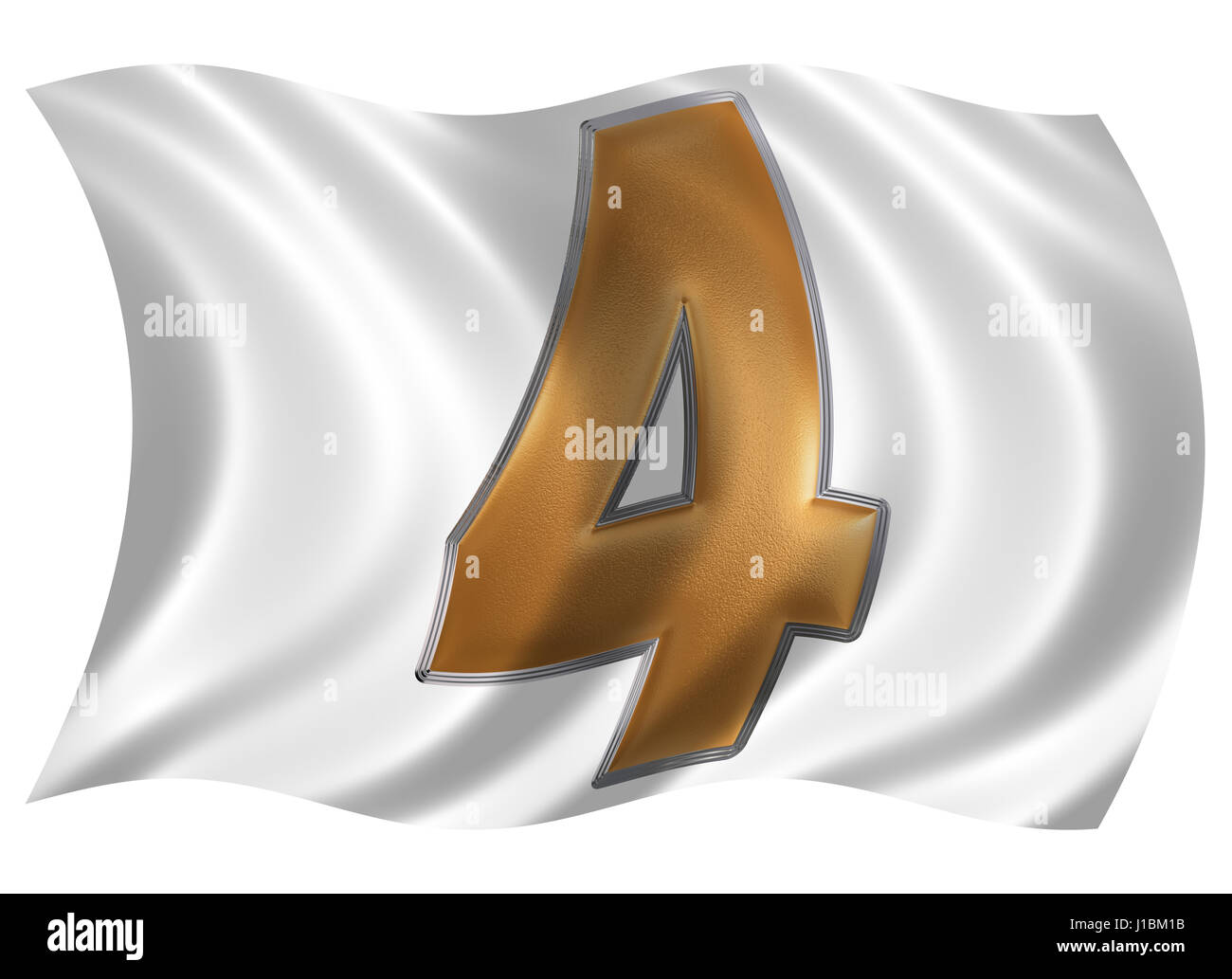 In the wind fluttering the flag with numeral 4, four, isolated on white ...