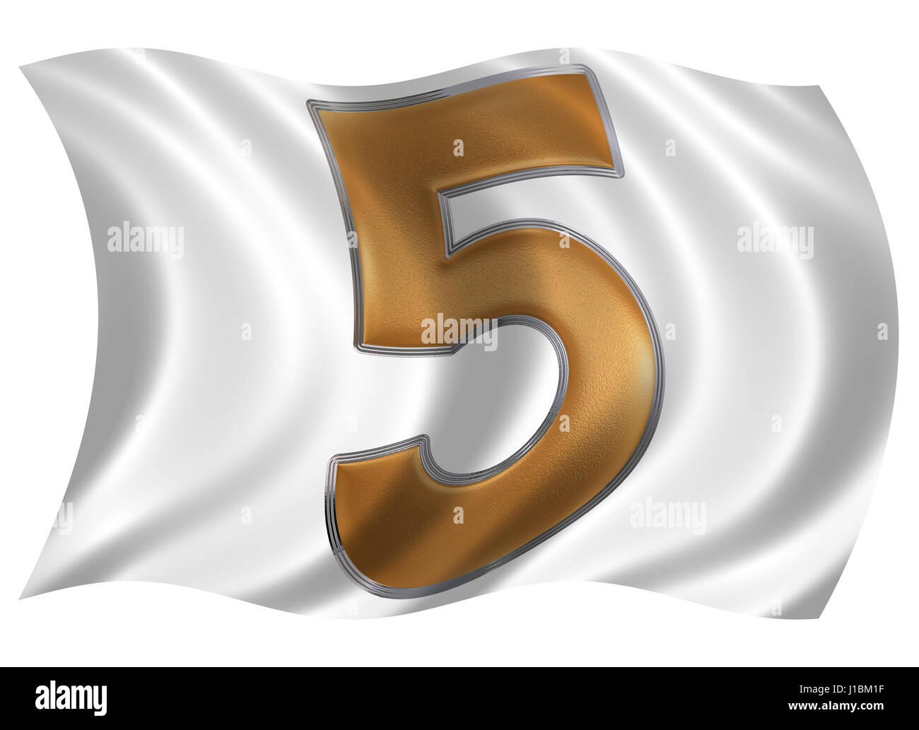 In the wind fluttering the flag with numeral 5, five, isolated on white ...