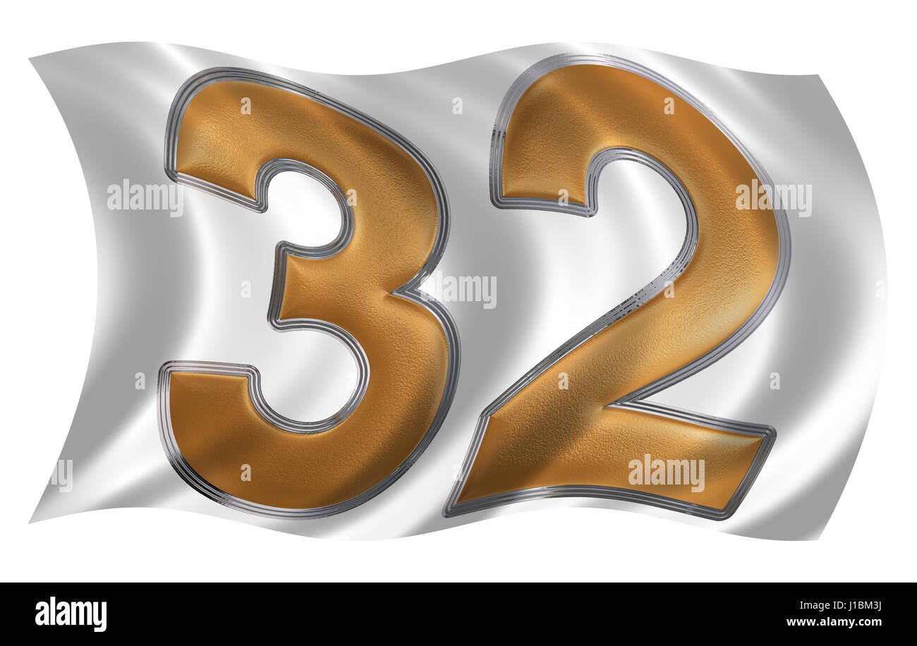 In the wind fluttering the flag with numeral 32, thirty two, isolated ...