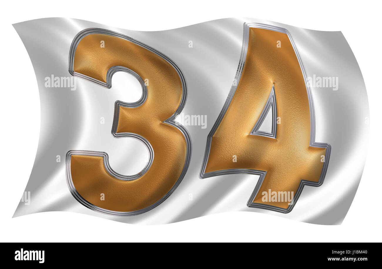 In the wind fluttering the flag with numeral 34, thirty four, isolated ...