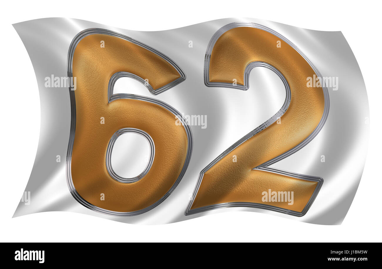 In the wind fluttering the flag with numeral 62, sixty two, isolated on ...