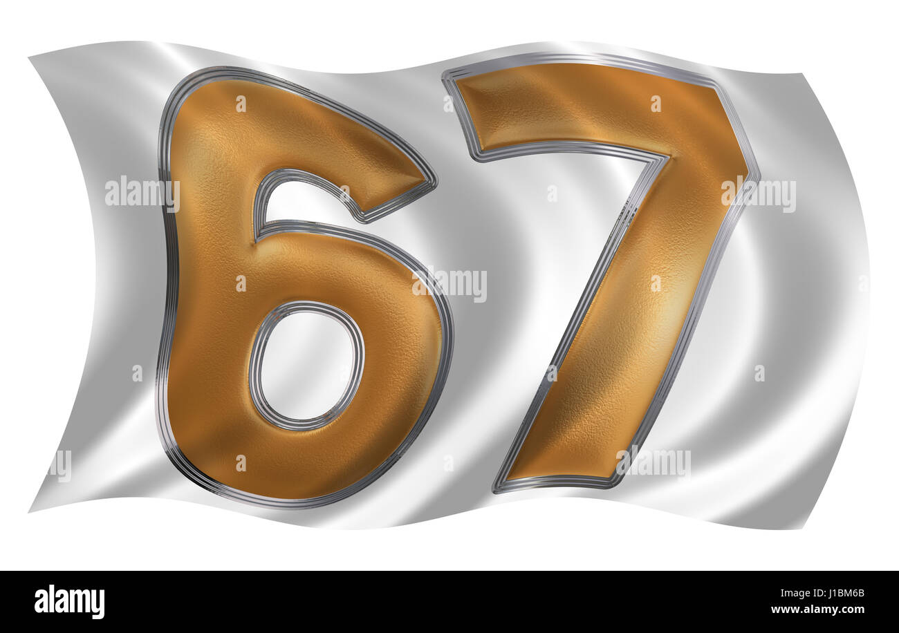 In the wind fluttering the flag with numeral 67, sixty seven, isolated ...