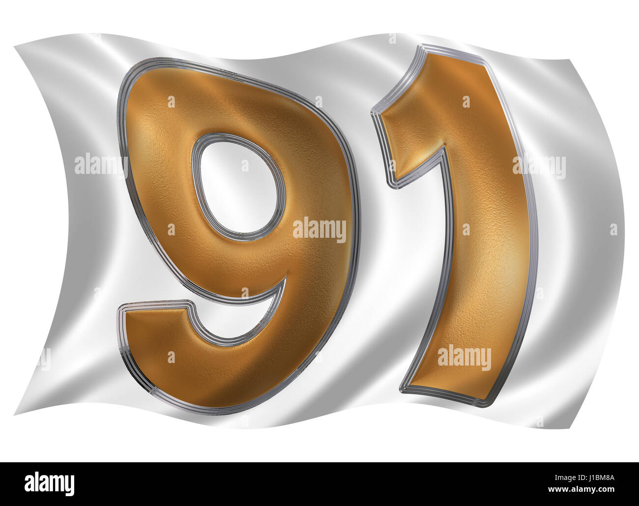 In the wind fluttering the flag with numeral 91, ninety one, isolated on white background, 3d ...