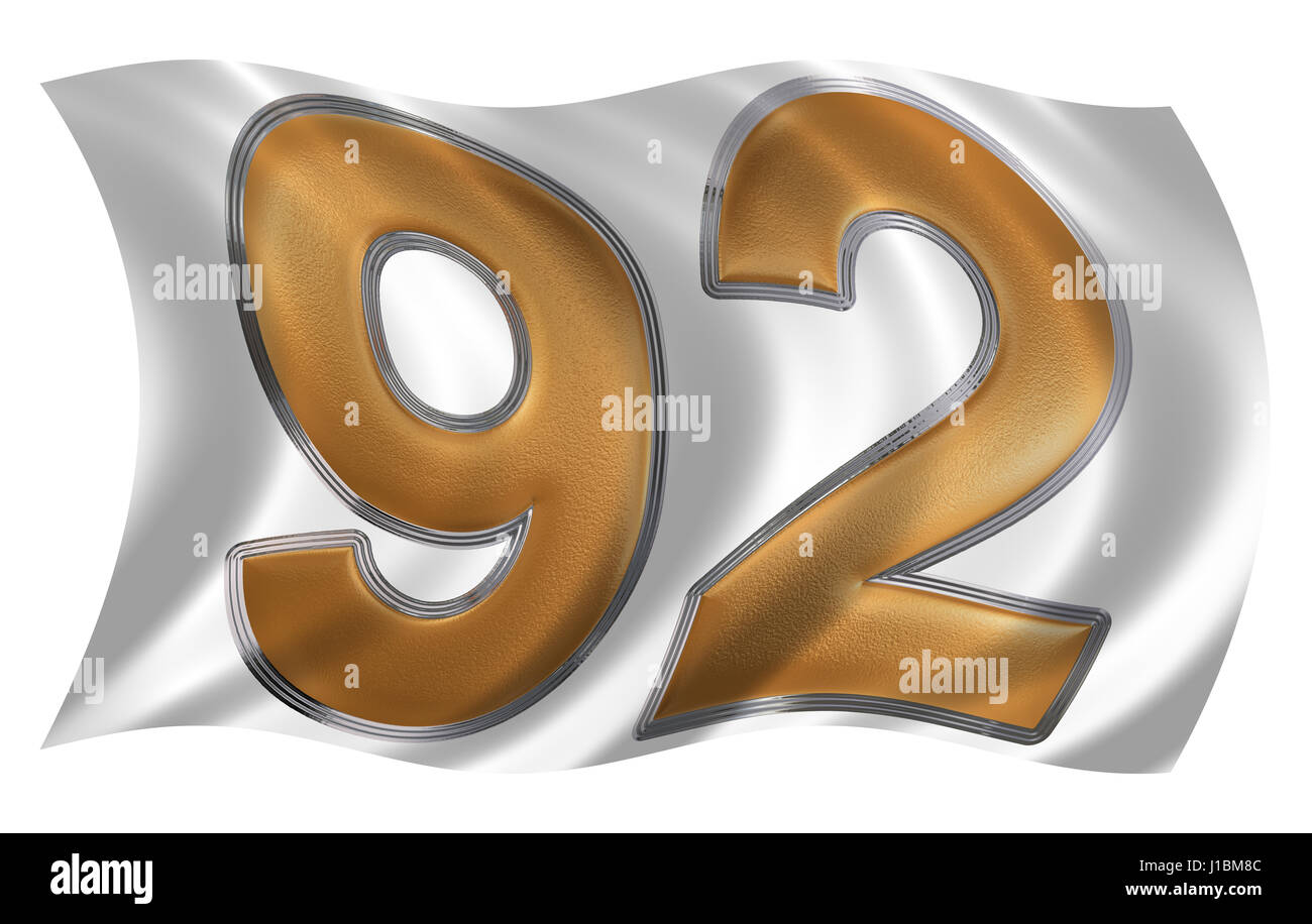 In the wind fluttering the flag with numeral 92, ninety two, isolated ...