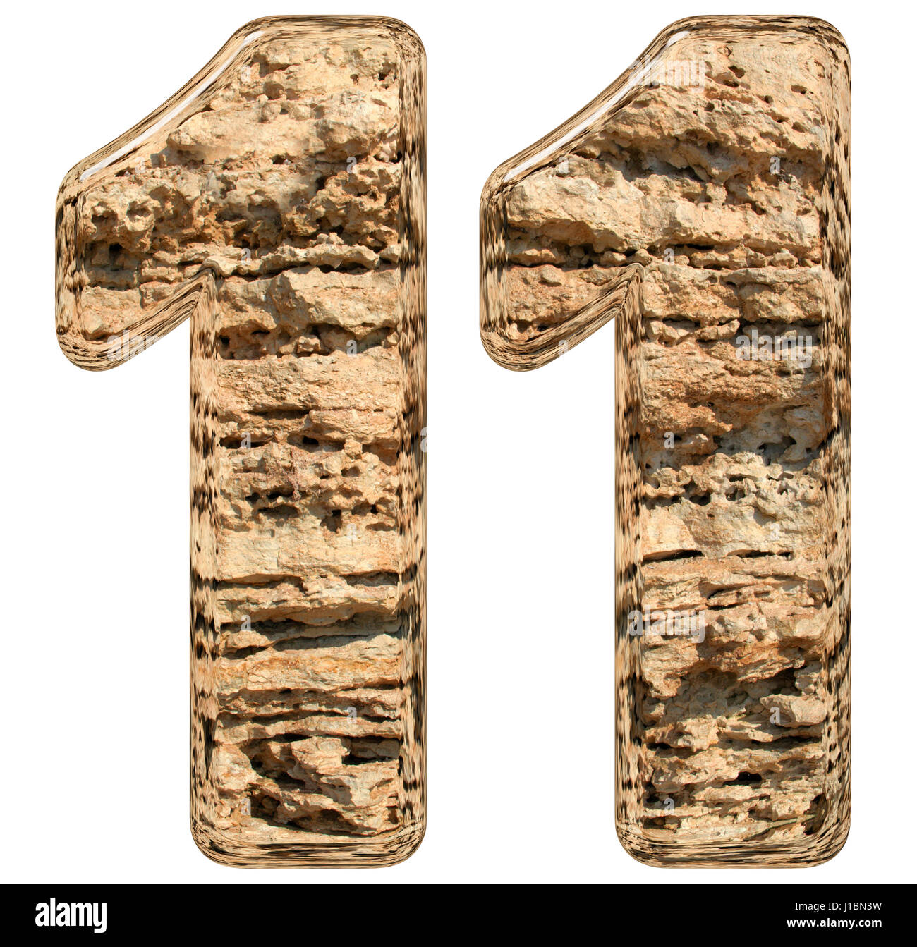 Numeral 11, eleven, isolated on white, natural limestone, 3d ...