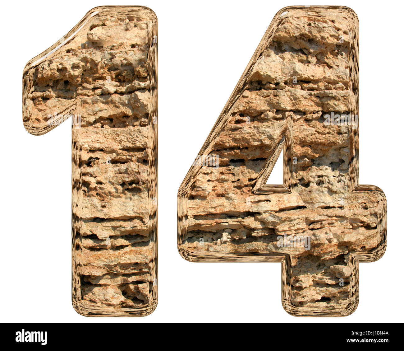 Numeral 14, fourteen, isolated on white, natural limestone, 3d ...