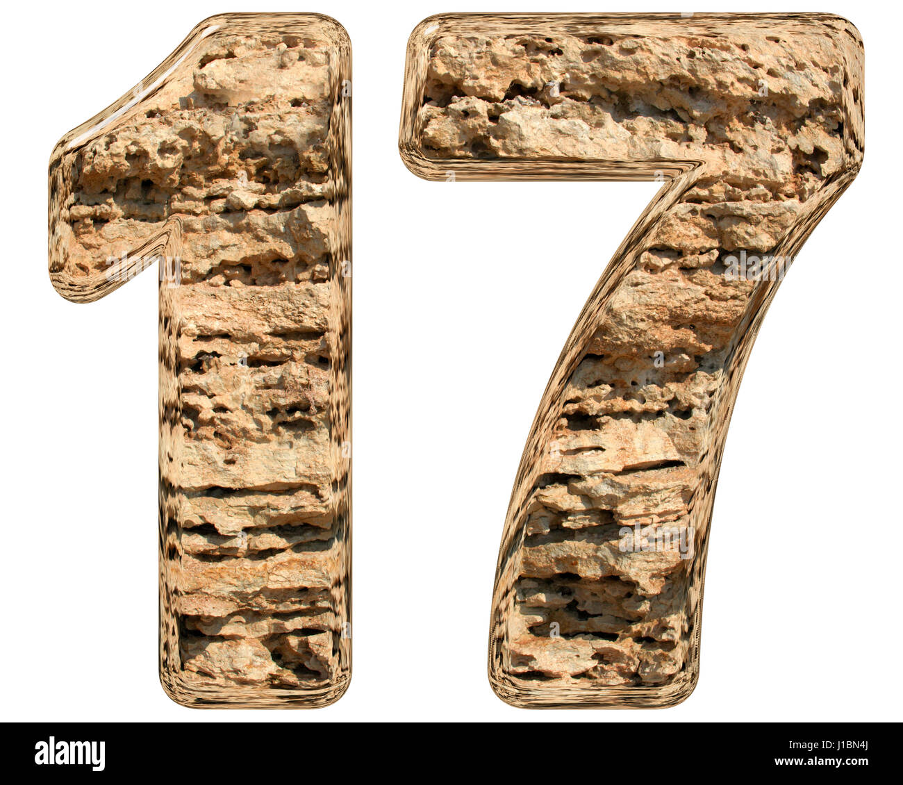 Numeral 17, seventeen, isolated on white, natural limestone, 3d ...