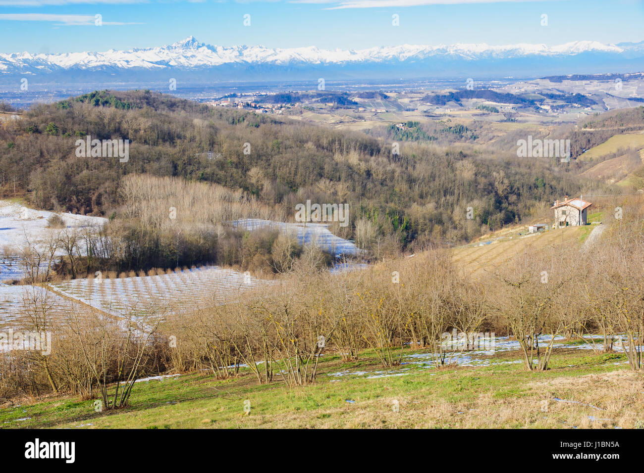 Italian countryside of fields and vineyards in the winter. The Langhe ...