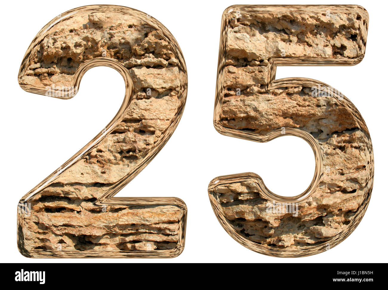 Numeral 25, twenty five, isolated on white, natural limestone, 3d ...