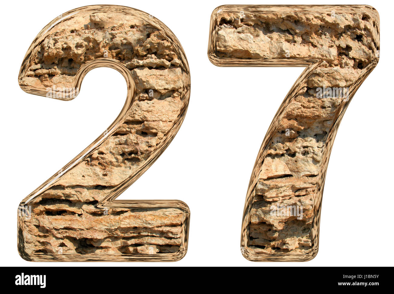 Numeral 27, twenty seven, isolated on white, natural limestone, 3d ...