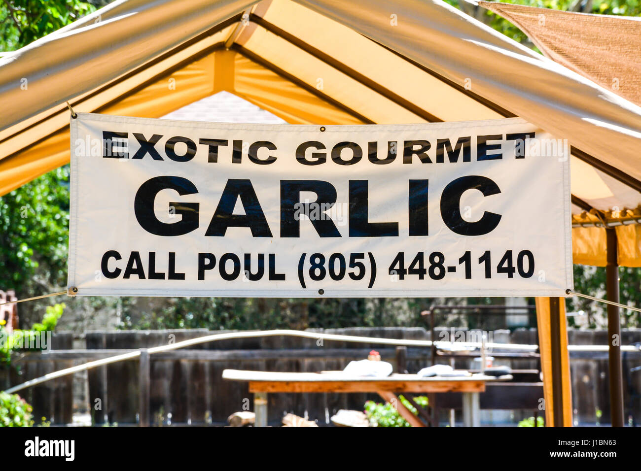 A Banner sign at a roadside stand "Exotic Gourmet Garlic" belongs to ...