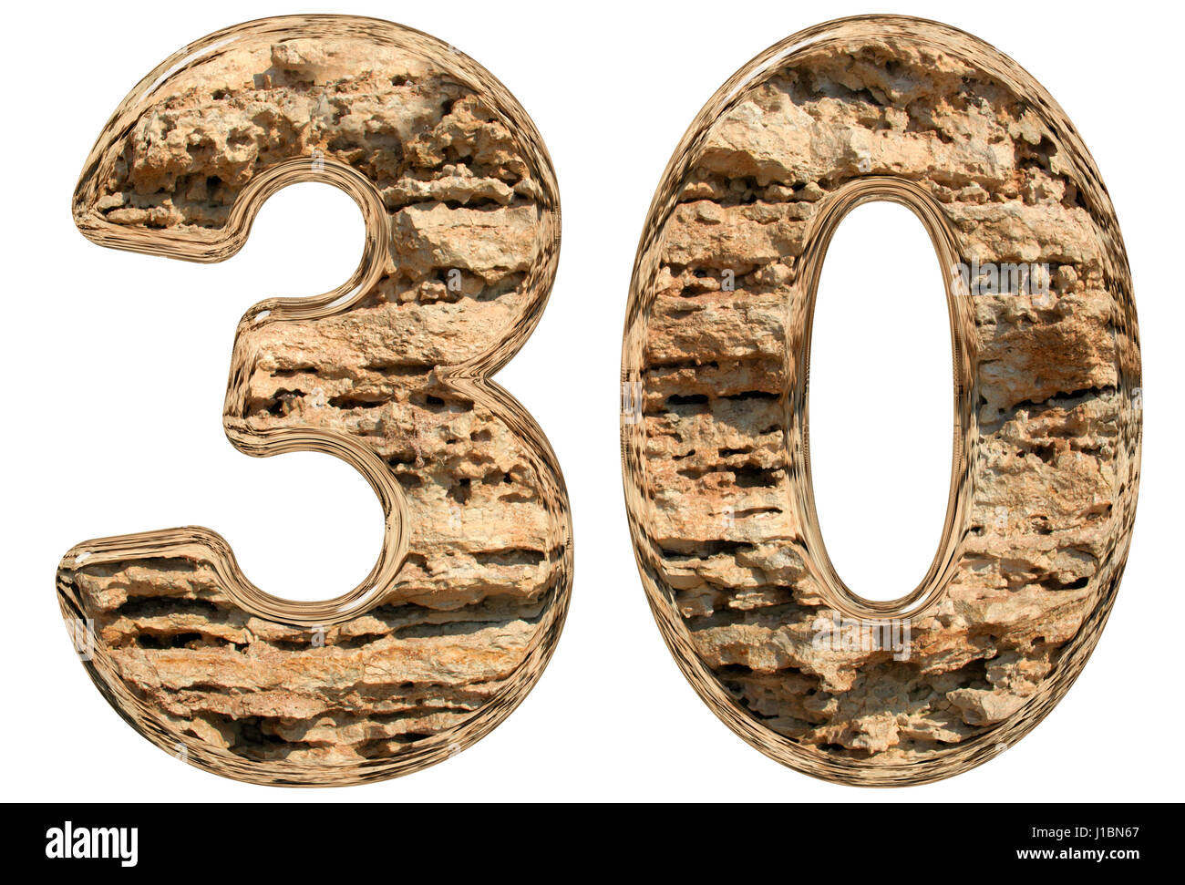 Numeral 30, thirty, isolated on white, natural limestone, 3d ...