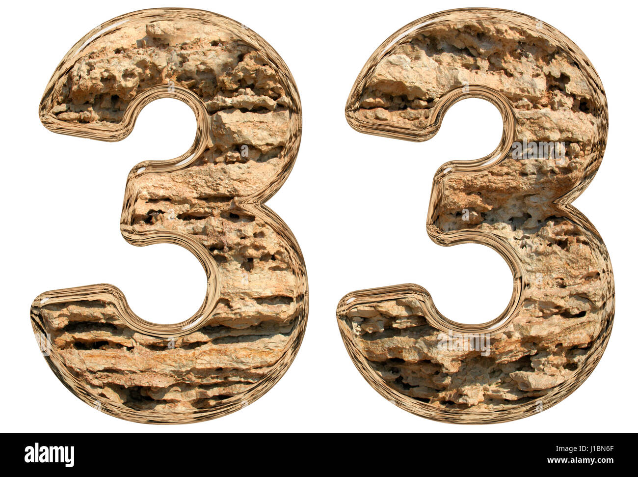 Numeral 33, thirty three, isolated on white, natural limestone, 3d ...
