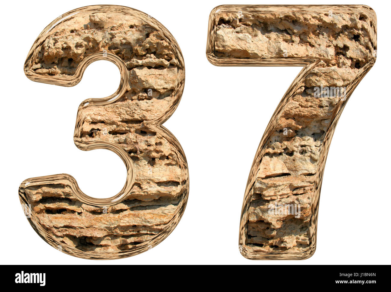 Numeral 37, thirty seven, isolated on white, natural limestone, 3d ...