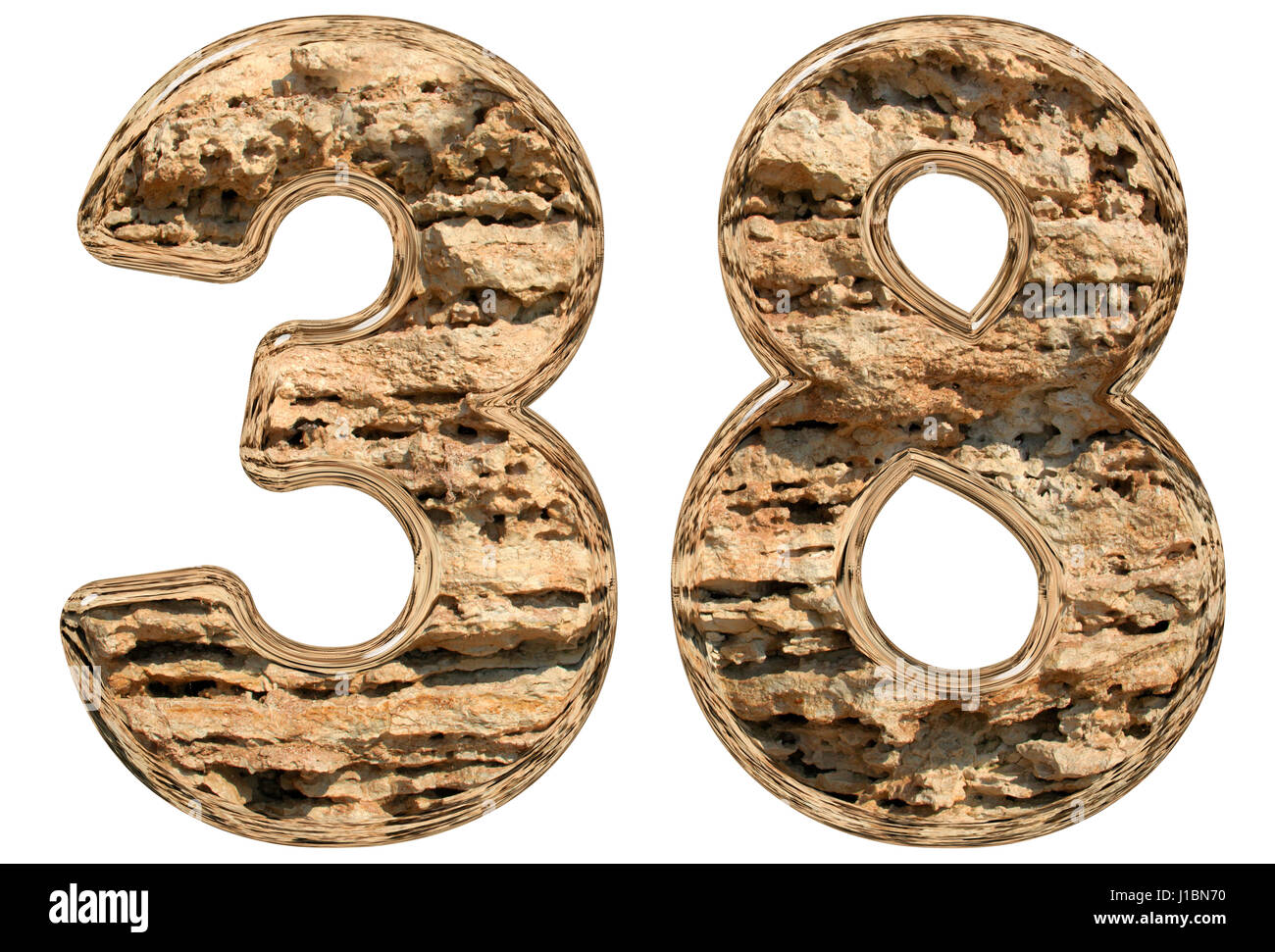 Numeral 38, thirty eight, isolated on white, natural limestone, 3d ...