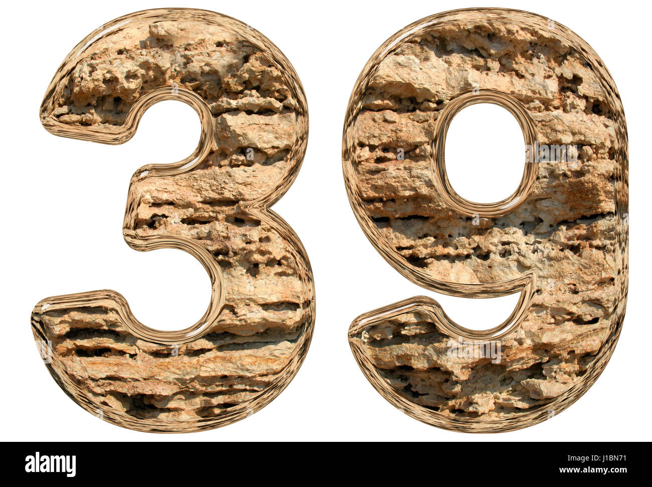 Numeral 39, thirty nine, isolated on white, natural limestone, 3d ...