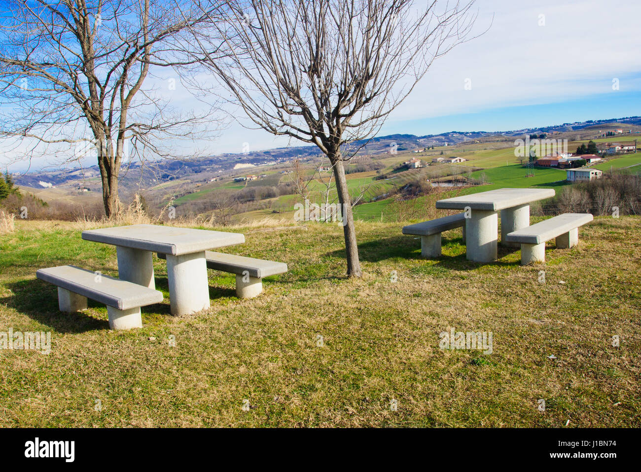 Italian countryside of fields and vineyards in the winter. The Langhe ...