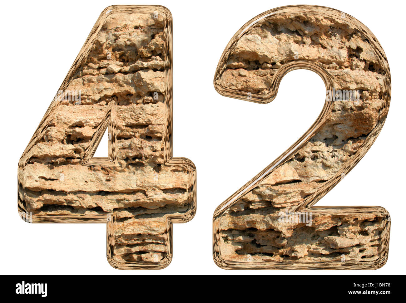 Numeral 42, forty two, isolated on white, natural limestone, 3d ...