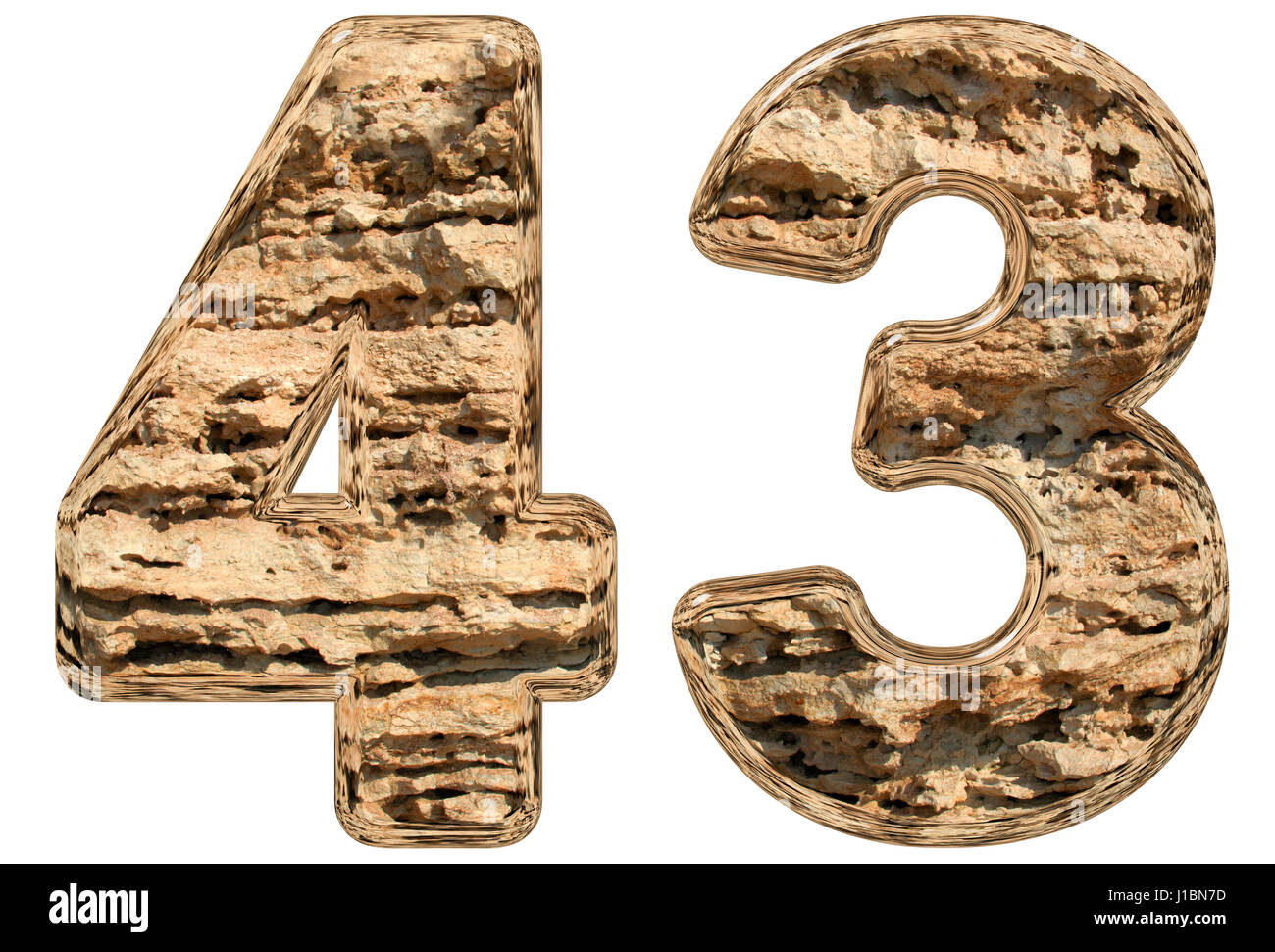 Numeral 43, forty three, isolated on white, natural limestone, 3d ...