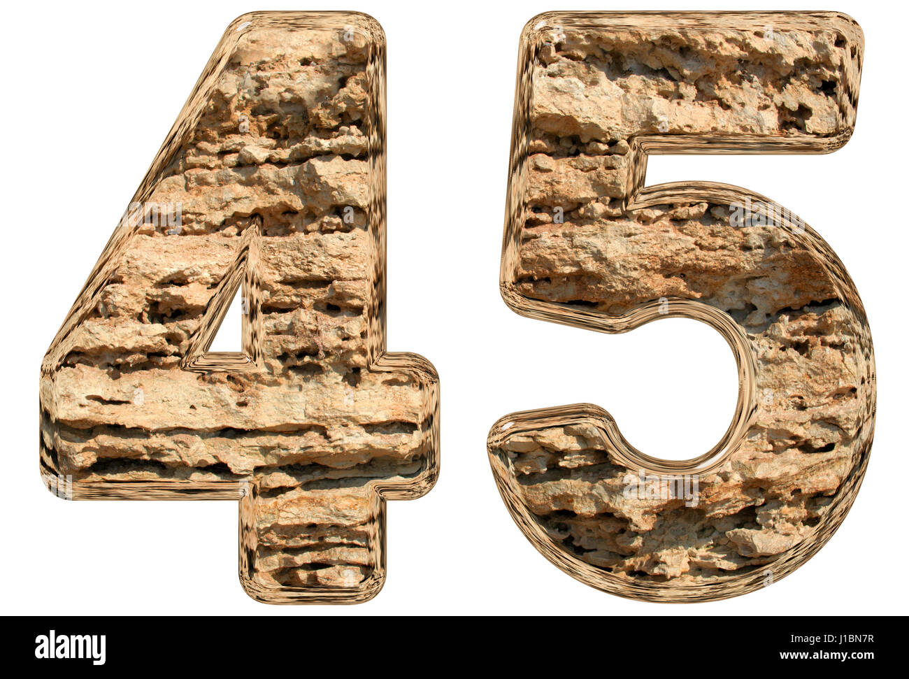 Numeral 45, forty five, isolated on white, natural limestone, 3d ...