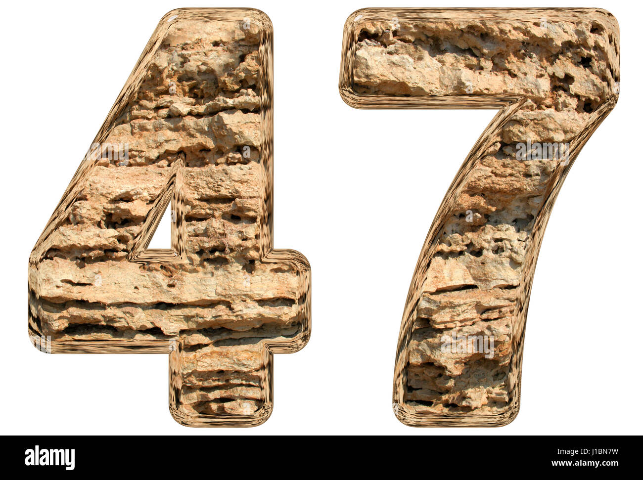Numeral 47, forty seven, isolated on white, natural limestone, 3d ...