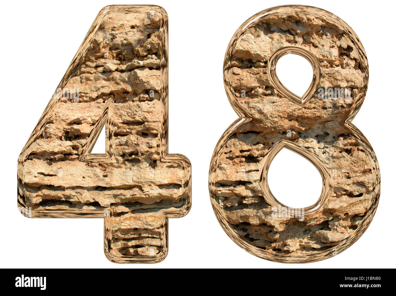 Numeral 48, forty eight, isolated on white, natural limestone, 3d ...